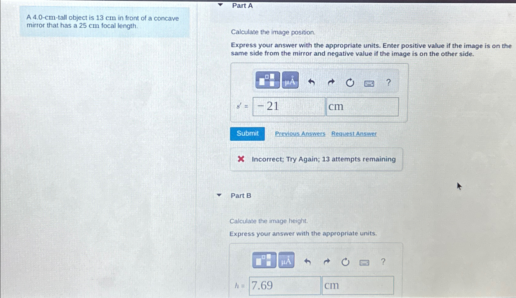 Solved Part AA 4.0-cm-tall object is 13cm ﻿in front of a | Chegg.com