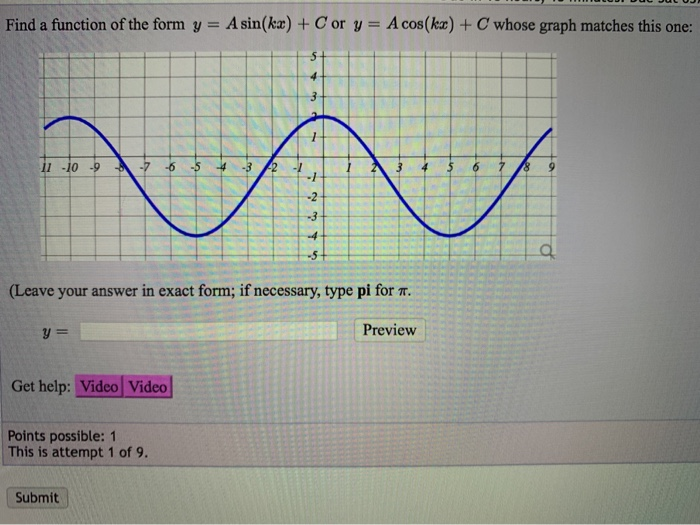 Solved Find a function of the form y = A sin(kx) + 5 y= A | Chegg.com