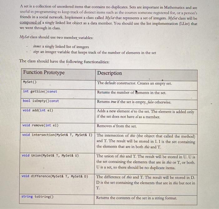 Solved A set is a collection of unordered items that | Chegg.com