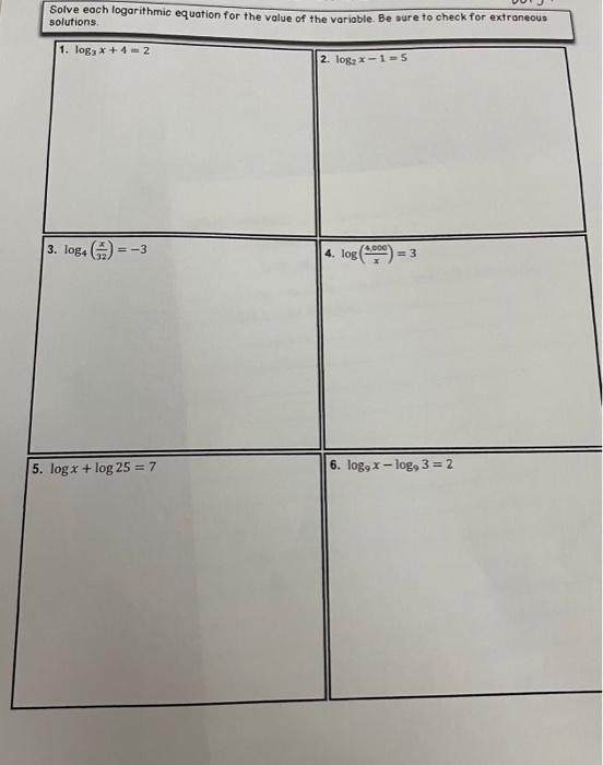Solved Solve each logarithmic equation for the value of the | Chegg.com
