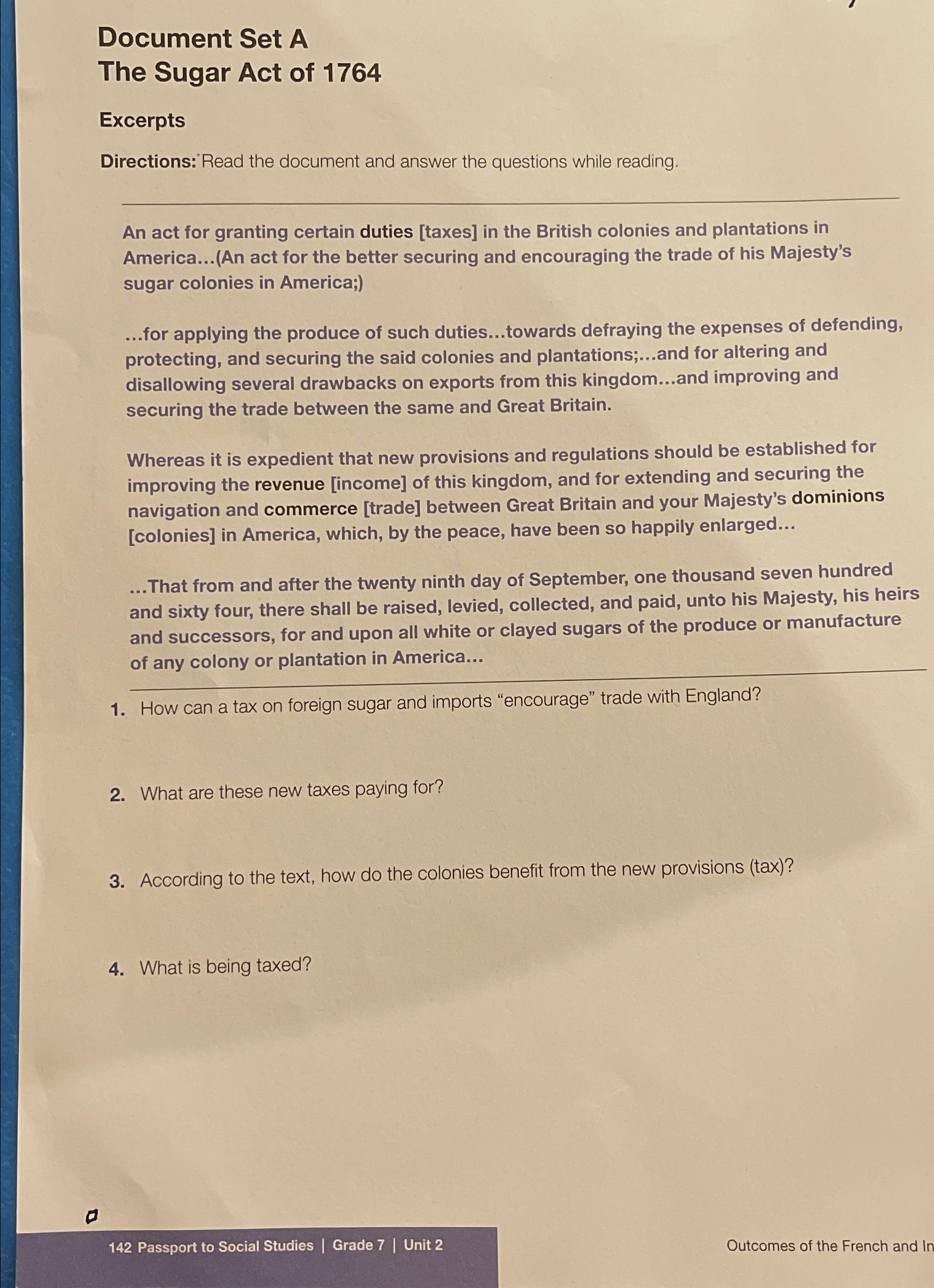 Solved Document Set A The Sugar Act of | Chegg.com