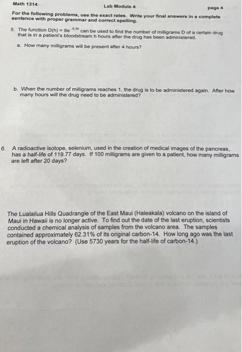 Solved 5. The function D(h)=8e−02h can be used to find the | Chegg.com