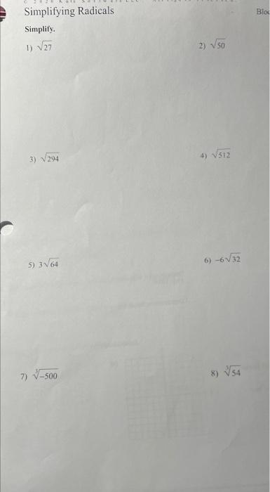 Solved Simplifying Radicals Simplify. 1) √27 3) √294 5) 3√64 | Chegg.com