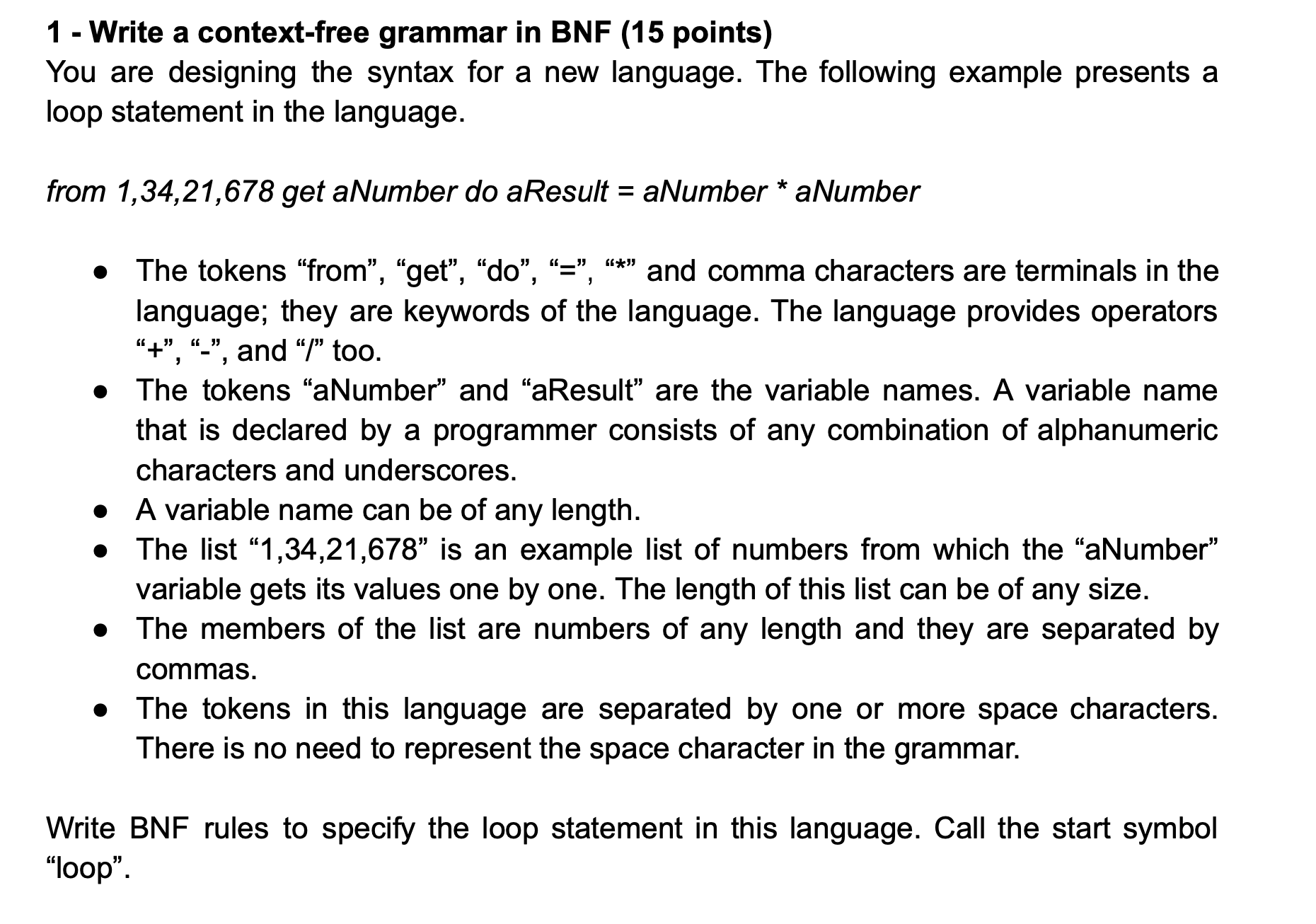 Solved 1 - ﻿Write a context-free grammar in BNF (15 | Chegg.com