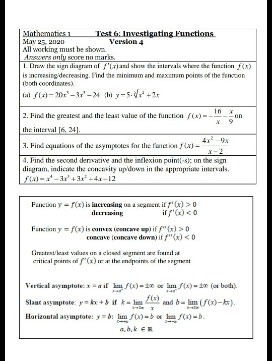 Solved Mathematics 1 Test 6: Investigating Functions May 25, | Chegg.com