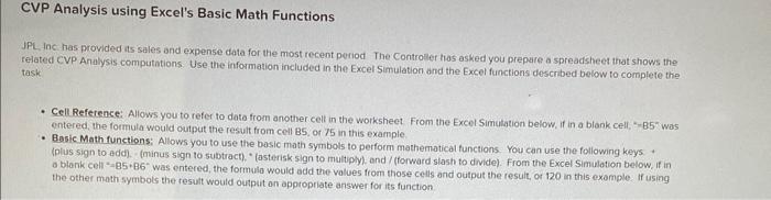 Solved CVP Analysis using Excel's Basic Math Functions JPL | Chegg.com