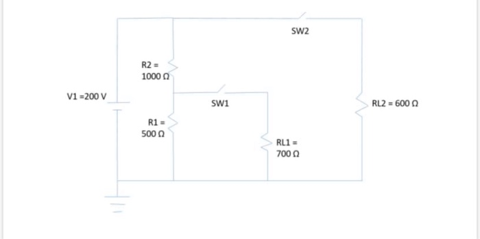 Solved SW2 R2 = 1000 V1 =200 v sw1 RL2 = 6000 R1 - 500 RL1 = | Chegg.com