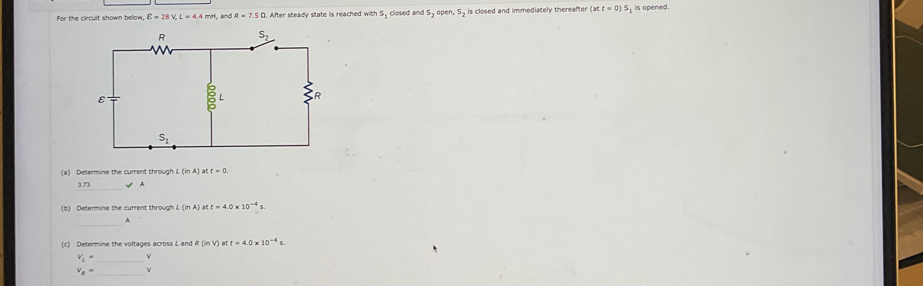 Solved For the circuit shown below: E=28V, ﻿L=4.4mH and | Chegg.com