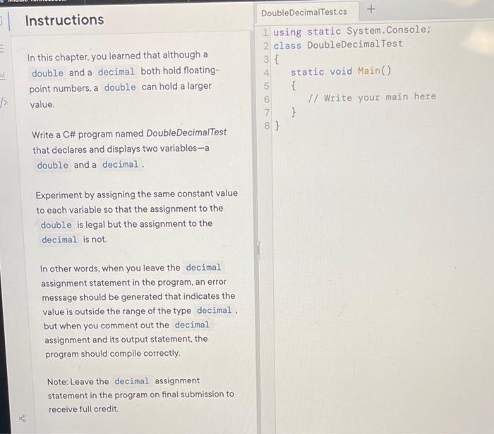 Solved | Instructions DoubleDecimalTest.cs + 1 using static | Chegg.com