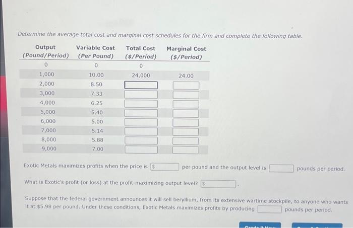 Solved Determine the average total cost and marginal cost | Chegg.com