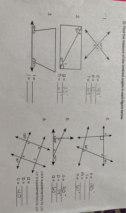 Solved 2) Find the measure of the lettered angles in each | Chegg.com