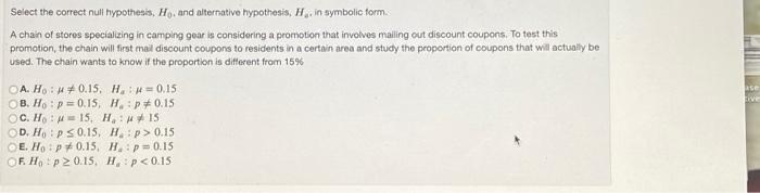 Solved Select the correct null hypothesis, H0, and | Chegg.com