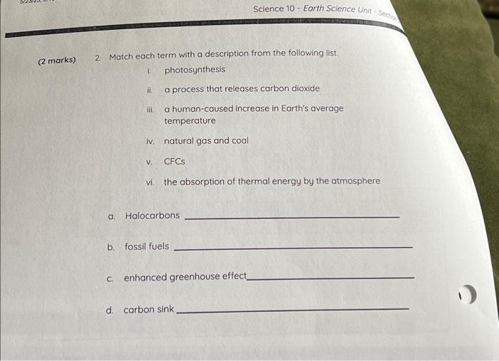 Solved 2. Match each term with a description from the | Chegg.com