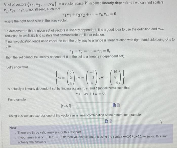 Solved A set of vectors {v1,v2,⋯,vn} in a vector space V is | Chegg.com