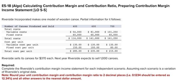 Solved E5-18 (Algo) Calculating Contribution Margin and | Chegg.com