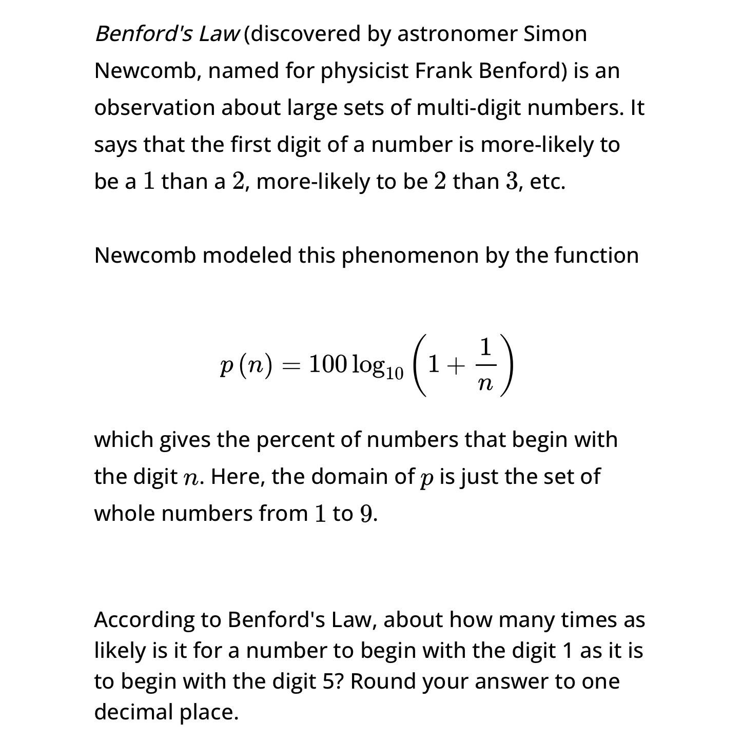 Solved Benford's Law (discovered by astronomer Simon | Chegg.com