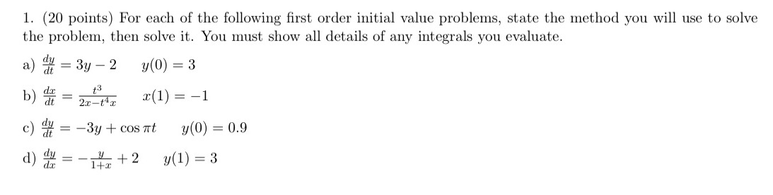 Solved For each of the following first order initial value | Chegg.com