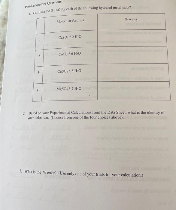 Solved Post-Laboratory Questions 1. Calculate the % H₂O for | Chegg.com