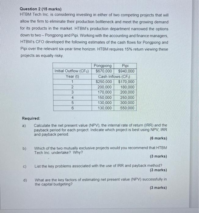 Solved Question 2 (15 marks) HTBM Tech Inc. is considering | Chegg.com