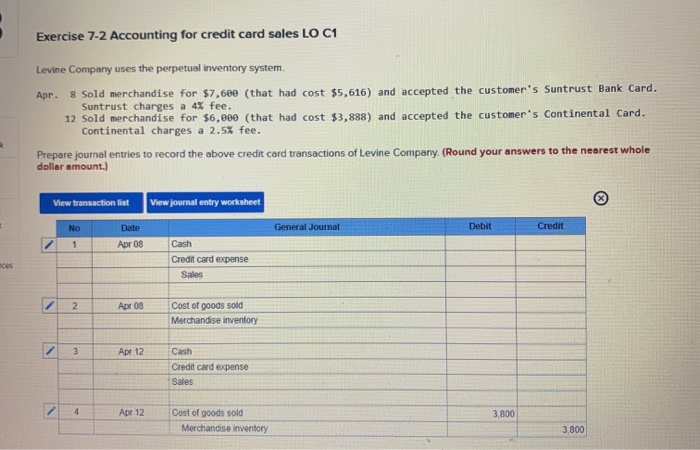 Solved Exercise 7-2 Accounting for credit card sales LO C1 | Chegg.com