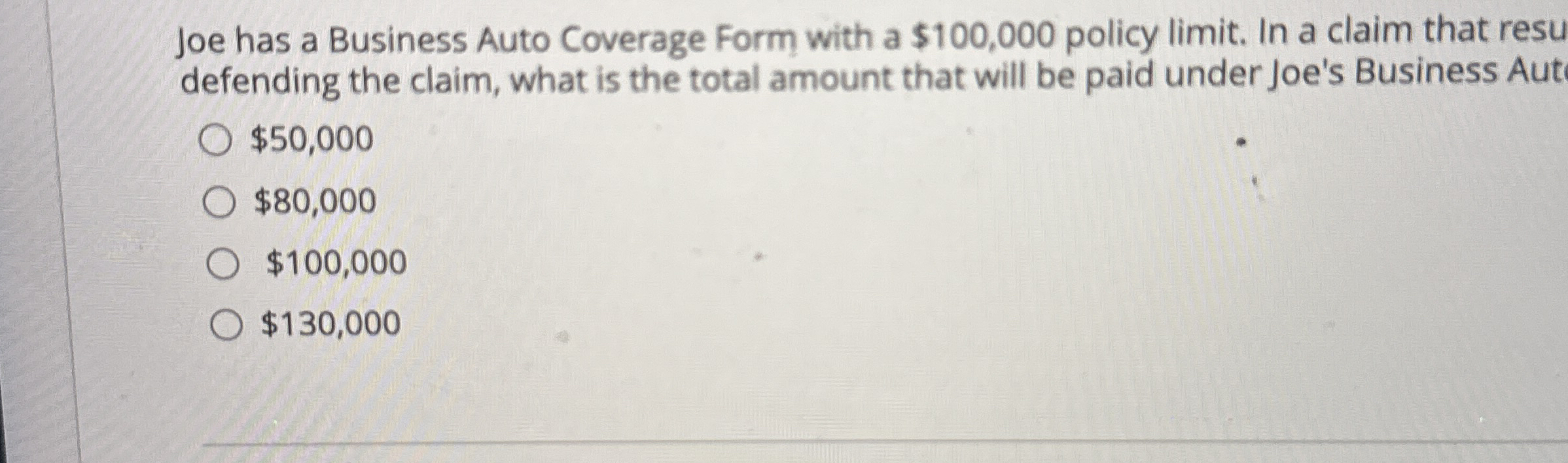 Solved Joe has a Business Auto Coverage Form with a $100,000 | Chegg.com