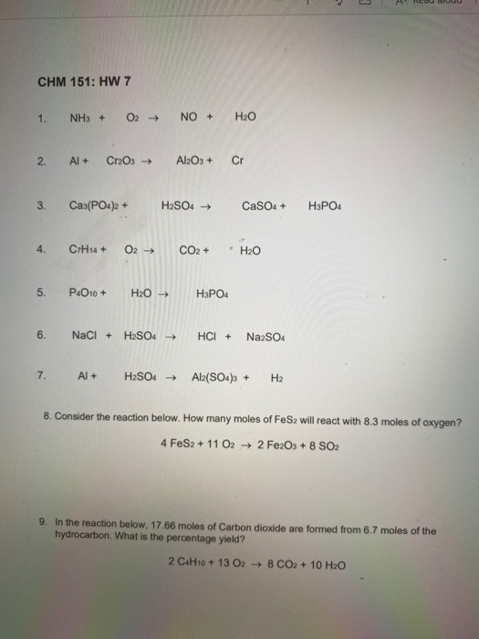 Solved CHM 151: HW 7 1. NH3 + O2 → NO + H2O 2. Al + Cr2O3 → | Chegg.com