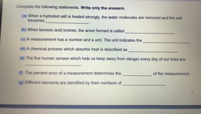 Solved Complete the following statements. Write only the | Chegg.com