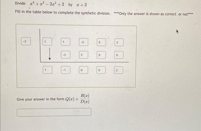 Solved Divide x4+x3−2x2+2 by x+2 Fill in the table below to | Chegg.com