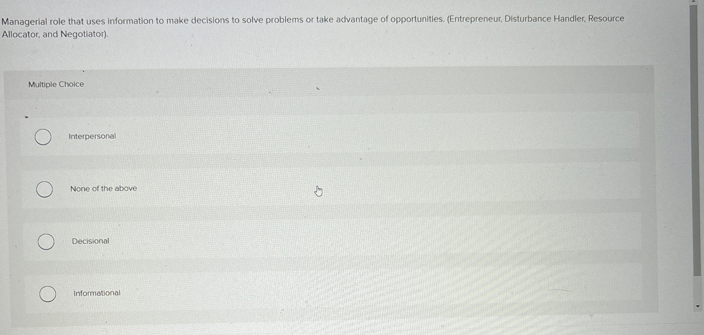 Solved Managerial role that uses information to make | Chegg.com