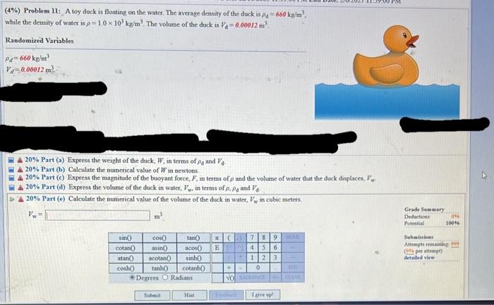 Solved (4\%) Problem 11: A toy duck is floating on the | Chegg.com