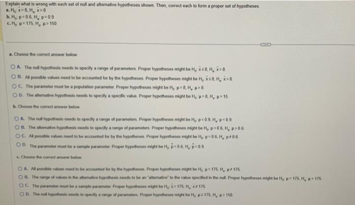 Solved Explain what is wrong with each set of null and | Chegg.com