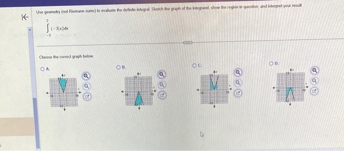 Solved ∫−32(−3∣x∣)dx Choose the conect graph below A. B. D. | Chegg.com