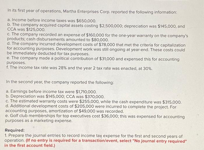 Solved In its first year of operations, Martha Enterprises | Chegg.com