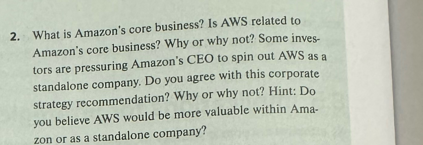Solved What is Amazon's core business? Is AWS related to | Chegg.com