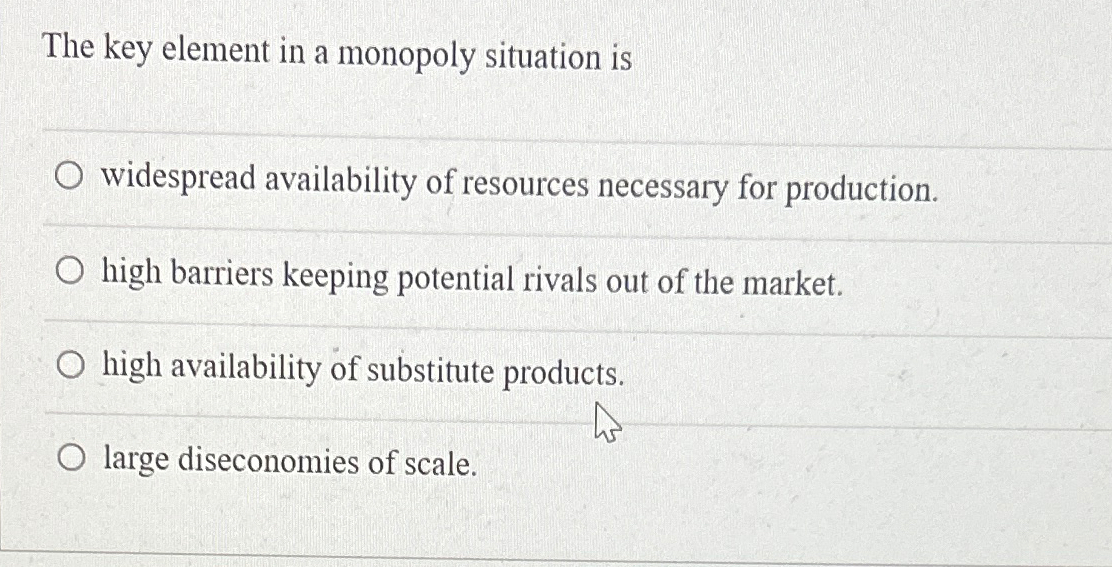 Solved The key element in a monopoly situation | Chegg.com | Chegg.com