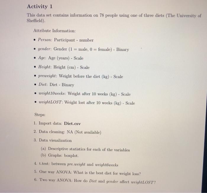 Solved Activity 1 This data set contains information on 78 | Chegg.com
