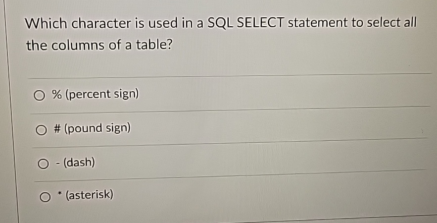 Solved Which character is used in a SQL SELECT statement to | Chegg.com