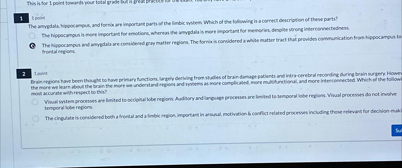 Solved 11 ﻿pointThe amygdala, hippocampus, and fornix are | Chegg.com