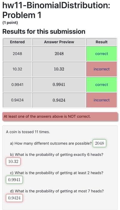 hw11-BinomialDistribution: Problem 1 (1 point) | Chegg.com