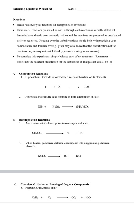 Solved Balancing Equations Worksheet NAME Directions • | Chegg.com