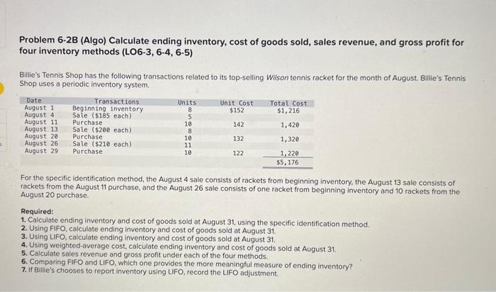 Solved Problem 6-2B (Algo) Calculate ending inventory, cost | Chegg.com