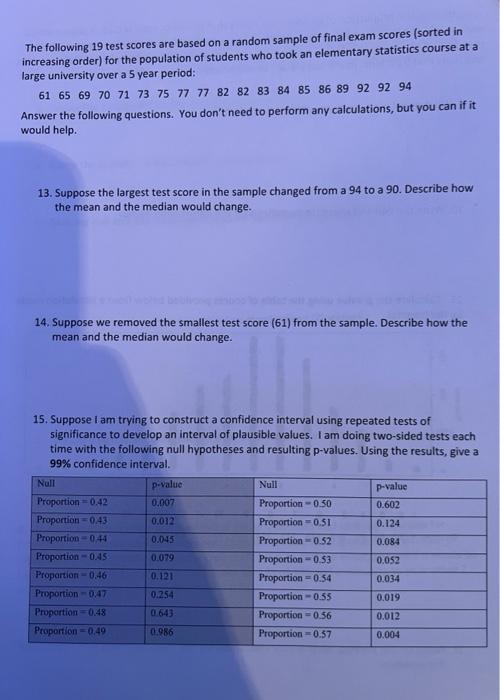 Solved The following 19 test scores are based on a random | Chegg.com