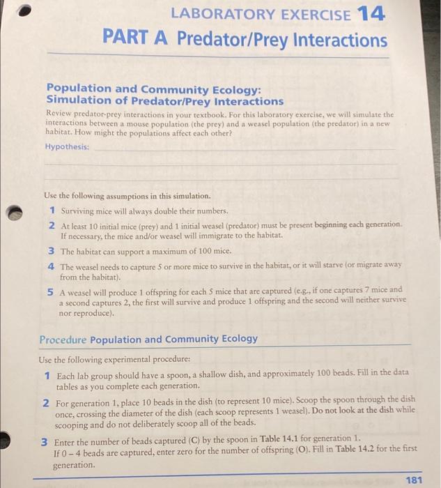 LABORATORY EXERCISE 14 PART A Predator/Prey | Chegg.com