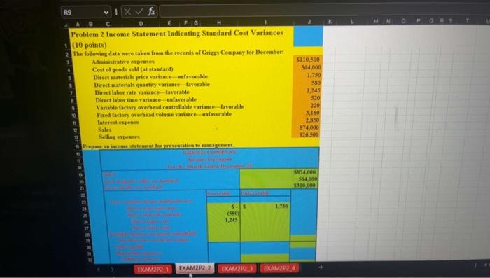 Problem 2 Income Statement Indicating Standard Cost | Chegg.com