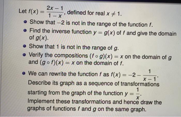 Solved Let f(x)=1−x2x−1, defined for real x =1 Show that -2 | Chegg.com