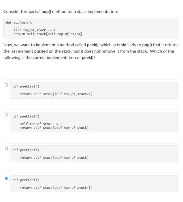 Solved Consider this partial pop() method for a stack | Chegg.com