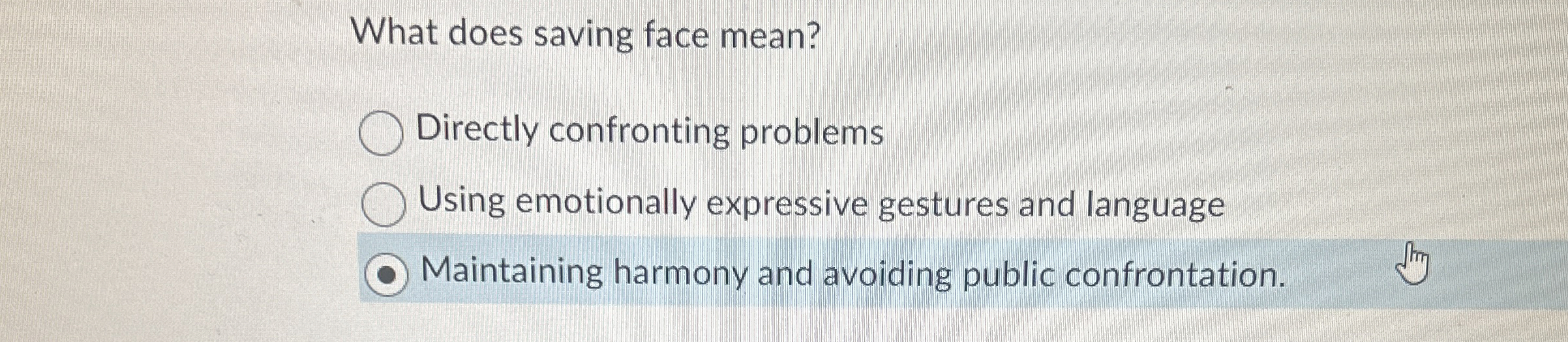Solved What does saving face mean?Directly confronting | Chegg.com