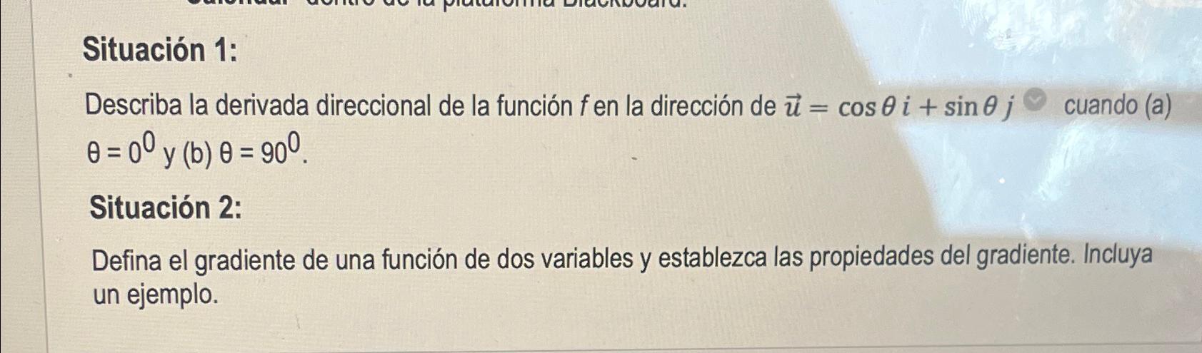 Solved Situación 1:Describa la derivada direccional de la | Chegg.com