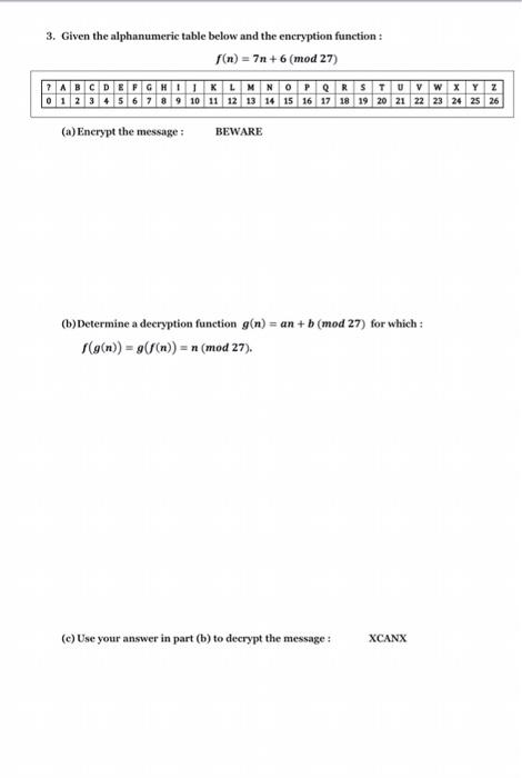 3. Given the alphanumeric table below and the | Chegg.com