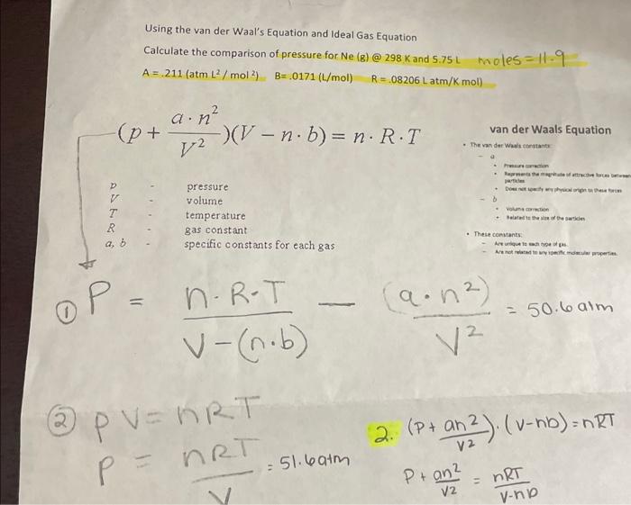 Solved Using the van der Waal's Equation and Ideal Gas | Chegg.com